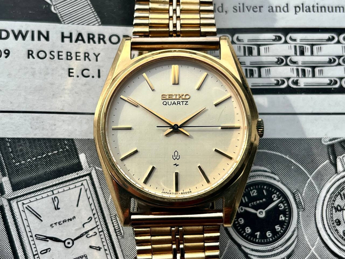 Vintage Seiko 7121-8000 Linnen Dial Gold Case 1979 Quartz Watch – WatchEra